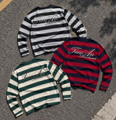 China Tianan Factory Custom Embroidery logo Rhinestone Patchwork French Terry Tshirt Stripe Cropped Long Sleeve t Shirt for Men for sale