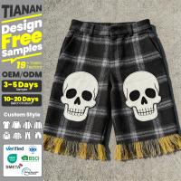 China Tianan Custom Men Summer Shorts Streetwear Comfortable Skull Embroidery Plaid Print Tassel Vintage Hip Hop Men Shorts for sale