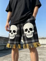 China Tianan Custom Men Summer Shorts Streetwear Comfortable Skull Embroidery Plaid Print Tassel Vintage Hip Hop Men Shorts for sale