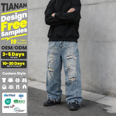 China Tianan Casual Jeans Mens Custom Washed Vintage Designer Baggy Jeans Denim Pants for Men Straight Distressed Men's Denim Jeans for sale
