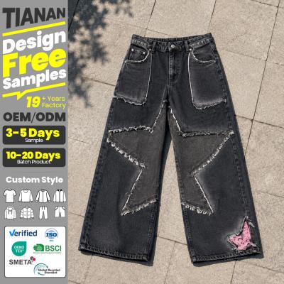 China Tianan Clothing Custom Men Baggy Jeans Street Vintage Patchwork Embroidery Distressed Hip Hop Y2K Wide Leg Men Jeans Wholesale for sale