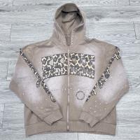 China High Quality Sun Faded Vintage Zip up Heavyweight Hoodie for Men Custom Long Autumn Leopard Print Rhinestone Cotton Baggy Hoodie for sale
