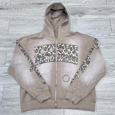 China High Quality Sun Faded Vintage Zip up Heavyweight Hoodie for Men Custom Long Autumn Leopard Print Rhinestone Cotton Baggy Hoodie for sale