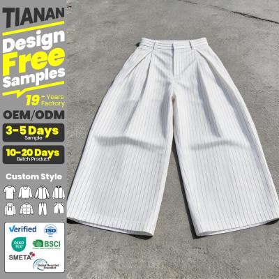 China Tianan Custom Men's White Pinstripe Double Pleated Wide Leg Trousers Retro Minimalist Streetwear Breathable Casual Pants for sale