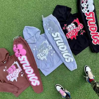 China Fashion Heavyweight Men Flared Sweatpants and Hoodie Sets Custom 2 Pieces Jogger Streetwear Tracksuit Puff Print Sweatsuit for sale
