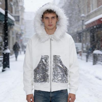 China Clothing Manufacture Custom Heavyweight Fur Sequins Hood Oversized Fit Zip up Streetwear Hip Hop Designer Cotton Hoodie for Men for sale