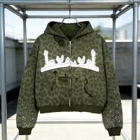 China Wholesale Streetwear Leopard Printed Rhinestone Zip up Cropped Long Sleeve Top Custom Embroidered Hip Hop Basics Men's Hoodie for sale