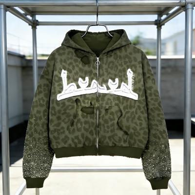 China Wholesale Streetwear Leopard Printed Rhinestone Zip up Cropped Long Sleeve Top Custom Embroidered Hip Hop Basics Men's Hoodie for sale