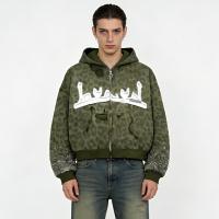 China Wholesale Streetwear Leopard Printed Rhinestone Zip up Cropped Long Sleeve Top Custom Embroidered Hip Hop Basics Men's Hoodie for sale