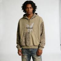 China 2026 Hot Selling Men's Leopard Print Patchwork Hoodie Custom Sun Faded Baggy Vintage Cotton Acid Wash Boxy Zip up Hoodie for sale
