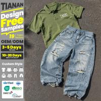 China Tianan Custom High Quality Casual Multi-color Logo Polo Shirt Ripped Baggy Stone Wash Vintage Men Jeans 2 Piece Set Summer for sale