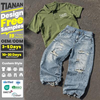 China Tianan Custom High Quality Casual Multi-color Logo Polo Shirt Ripped Baggy Stone Wash Vintage Men Jeans 2 Piece Set Summer for sale