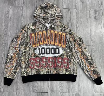 China Heavyweight Screen Print Camouflage Hoodie Men Clothing Streetwear Custom Camo Distressed Zip up 450 500 Gsm Hoodie for Unisex for sale