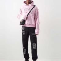 China Streetwear Custom Men Hoodies Vintage Pink Pullover Oversized Cropped HeavyWeight Cotton Rhinestones Men'S Hoodies & Sweatshirts for sale