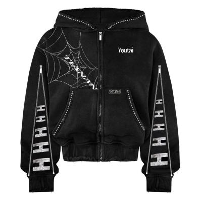 China Heavyweight Distressed Zip up Printed Rhinestone Logo Hoodie Men Streetwear Acid Wash Oversized Cropped 450 500gsm Hoodie for sale