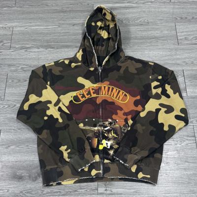 China Custom Oversized Cropped High Quality Camouflage Printed Distressed Hoodie for Men Heavyweight Camo Cotton Zip up Coxy Hoodie for sale