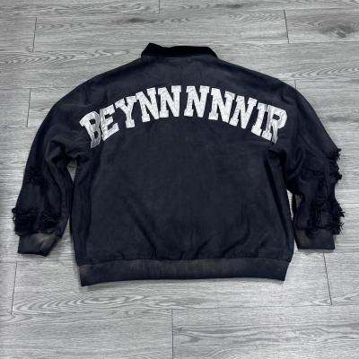 China OEM Factory Custom Embroidery Distressed Zip up Men's Jacket High Quality Streetwear Denim Waffle Cropped Winter Varsity Jacket for sale