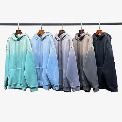 China High Quality Unisex Acid Washed Sweatshirts Custom Logo Hooded Pullover Gradual Change Color 100% Cotton Solid Print Men Hoodies for sale