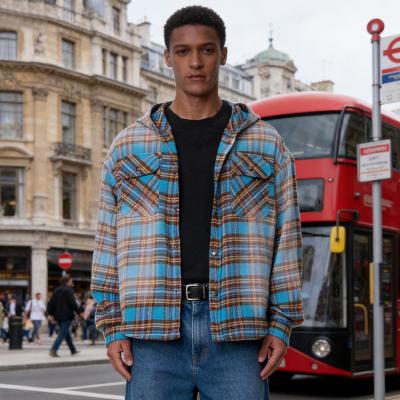 China Factory Wholesale Comfortable Plaid 100% Cotton Hooded Shirt for Men Custom Hip Hop Style Flannel Long Sleeve Button up Shirt for sale