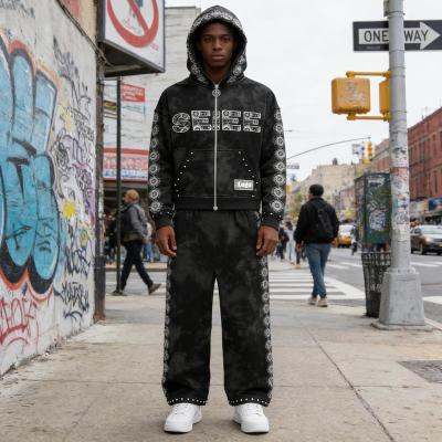China Custom Vintage Sun Faded Tracksuit Rhinestone Embroidery Print Distressed Hoodie Flare Sweatpants Zip up Streetwear Jogging Set for sale