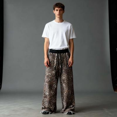 China Oem/odm Custom Leopard Print logo Wide Straight Leg Oversized Baggy Mens Sweatpants 100% Cotton Retro Sweat Autumn Flared Pants for sale