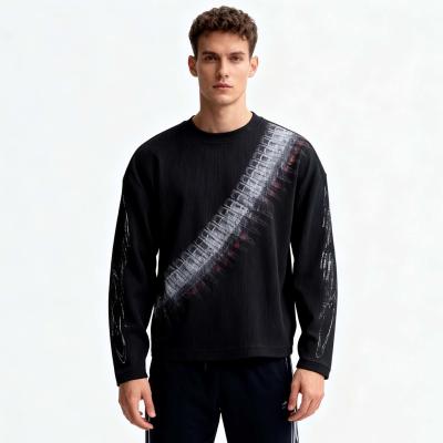 China Custom Dtg Screen Print Graphic T-shirt Streetwear Fashion High Quality Waffle Knit Long Sleeve Oversize Black Tshirt Men for sale
