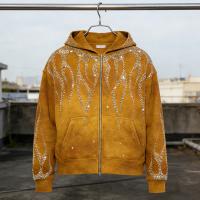 China Custom Unisex 100%Cotton Heavyweight French Terry Hoodie OEM Streetwear Acid Wash Full Rhinestone Zipper up Plus Size Sweatshirt for sale
