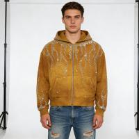 China Custom Unisex 100%Cotton Heavyweight French Terry Hoodie OEM Streetwear Acid Wash Full Rhinestone Zipper up Plus Size Sweatshirt for sale