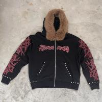 China High Quality Rivets Cotton Puff Print Diamond Distressed Zip up Hoodie Custom Detachable Faux Fur Oversized Heavyweight Hoodie for sale