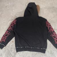 China High Quality Rivets Cotton Puff Print Diamond Distressed Zip up Hoodie Custom Detachable Faux Fur Oversized Heavyweight Hoodie for sale