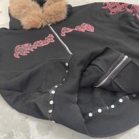 China High Quality Rivets Cotton Puff Print Diamond Distressed Zip up Hoodie Custom Detachable Faux Fur Oversized Heavyweight Hoodie for sale