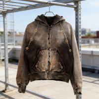 China Wholesale Streetwear Comfortable Fabric with logo Custom Acid Wash Rhinestone Vintage Oversized Boxy Cotton Zip up Men's Hoodie for sale