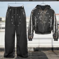 China Manufacturer Custom Heavyweight Sun Faded Vintage Wash Streetwear Tracksuit Leopard Print Hip Hop Sweatsuit Zip up Jogger Sets for sale