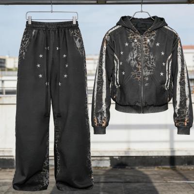 China Manufacturer Custom Heavyweight Sun Faded Vintage Wash Streetwear Tracksuit Leopard Print Hip Hop Sweatsuit Zip up Jogger Sets for sale
