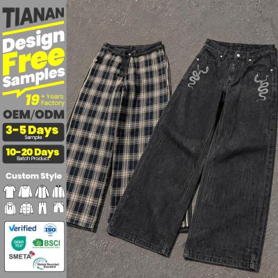 China Tianan Custom High Quality Streetwear Men's Jeans Embroidered Washed Double-sided Reversible Plaid Straight Leg Baggy Jeans for sale