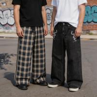 China Tianan Custom High Quality Streetwear Men's Jeans Embroidered Washed Double-sided Reversible Plaid Straight Leg Baggy Jeans for sale