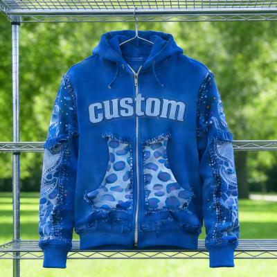China Manufacturer Custom Leopard Print Zip up Acid Wash Heavy Weight Oversize Low Moq Rhinestone Streetwear Sun Faded Hoodie for Men for sale