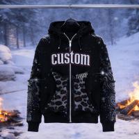 China Manufacturer Custom Leopard Print Zip up Acid Wash Heavy Weight Oversize Low Moq Rhinestone Streetwear Sun Faded Hoodie for Men for sale