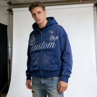 China High Quality Custom Men's Cotton Heavyweight Hoodie OEM Acid Washed Rhinestone Pearl Oversized Distressed Zip up Streetwear Men for sale
