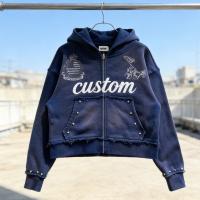 China High Quality Custom Men's Cotton Heavyweight Hoodie OEM Acid Washed Rhinestone Pearl Oversized Distressed Zip up Streetwear Men for sale