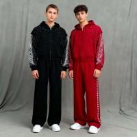 China Clothing Manufacturers Custom 100%cotton Rhinestone SweatSuit Flared Sweatpants and Hoodie Sets Design Long Streetwear Tracksuit for sale