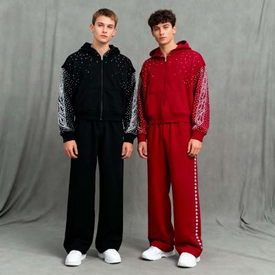 China Clothing Manufacturers Custom 100%cotton Rhinestone SweatSuit Flared Sweatpants and Hoodie Sets Design Long Streetwear Tracksuit for sale