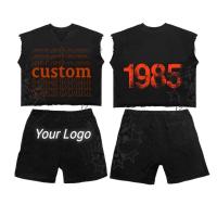China 2025 Hot Sale T-shirt Tank Top Men 2 Piece Set Acid Wash T-shirt and Short Sets for Men Sleeveless Raw Hem Mens Sets for sale