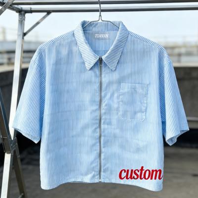 China Streetwear Summer Boxy Short Sleeve Manufacturer Custom Vertical Stripe Zip up Embroidery Shirts for Men Comfortable T-Shirts for sale