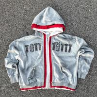 China Custom Oversized Cropped Three Triple Layers Printed Rhinestones Heavyweight Hoodie Men Streetwear Zip up Cotton Men'S Hoodie for sale