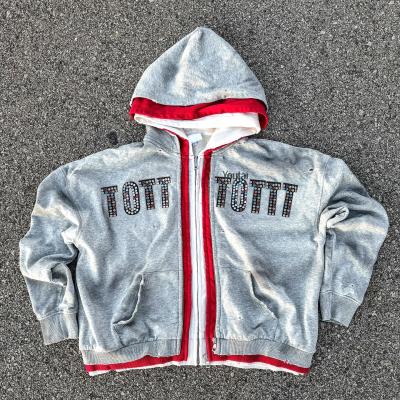 China Custom Oversized Cropped Three Triple Layers Printed Rhinestones Heavyweight Hoodie Men Streetwear Zip up Cotton Men'S Hoodie for sale