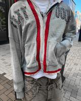 China Custom Oversized Cropped Three Triple Layers Printed Rhinestones Heavyweight Hoodie Men Streetwear Zip up Cotton Men'S Hoodie for sale