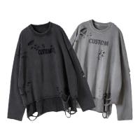 China Factory Wholesale Distressed Sweats Hoodie Custom Vintage Cotton Acid Wash Crew Neck Men'S  Ripped Raw Hem Sweatshirt for Men for sale