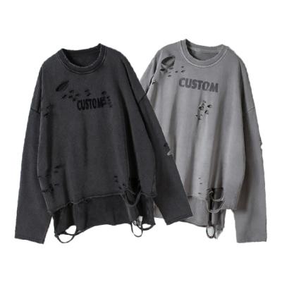 China Factory Wholesale Distressed Sweats Hoodie Custom Vintage Cotton Acid Wash Crew Neck Men'S  Ripped Raw Hem Sweatshirt for Men for sale