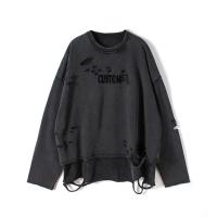 China Factory Wholesale Distressed Sweats Hoodie Custom Vintage Cotton Acid Wash Crew Neck Men'S  Ripped Raw Hem Sweatshirt for Men for sale